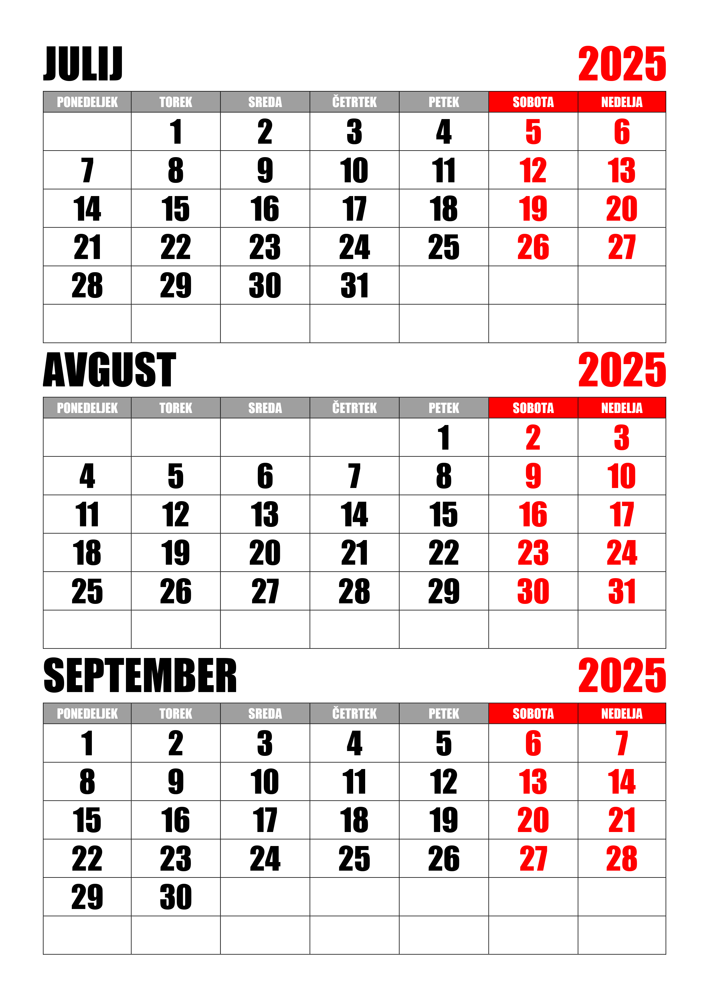 Koledar julij, avgust, september 2025 – koledar.su