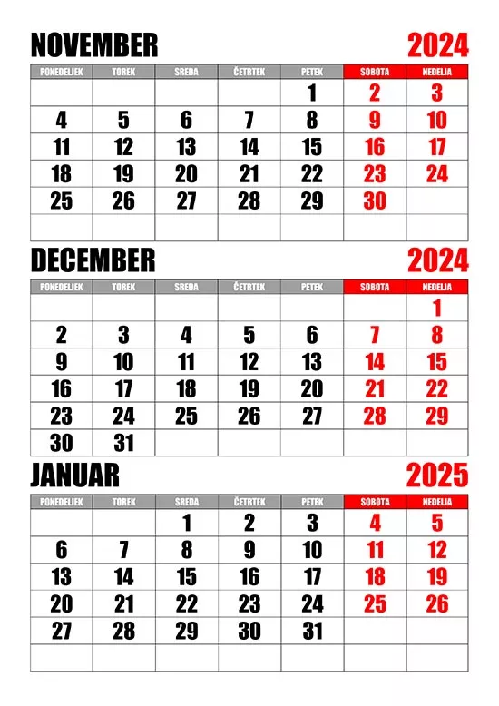Koledar november, december 2024, yanuar 2025 – koledar.su
