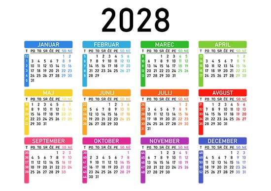 Koledar za leto 2028 v vektorskem formatu (EPS, SVG, PDF) – koledar.su