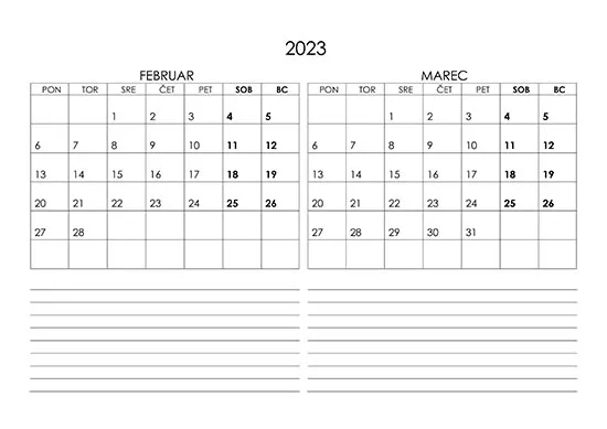 Koledar februar, marec 2023 – koledar.su