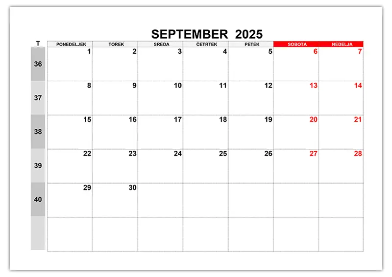 Koledar september 2025 – koledar.su