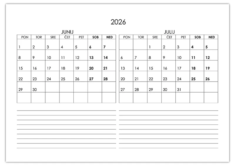 Koledar junij, julij 2026 – koledar.su